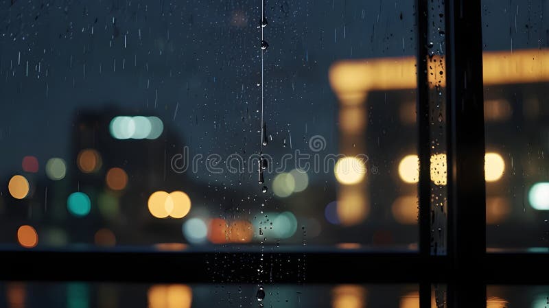 Rain Falling on a Glass Window and Blurred City Lights Visible in the ...