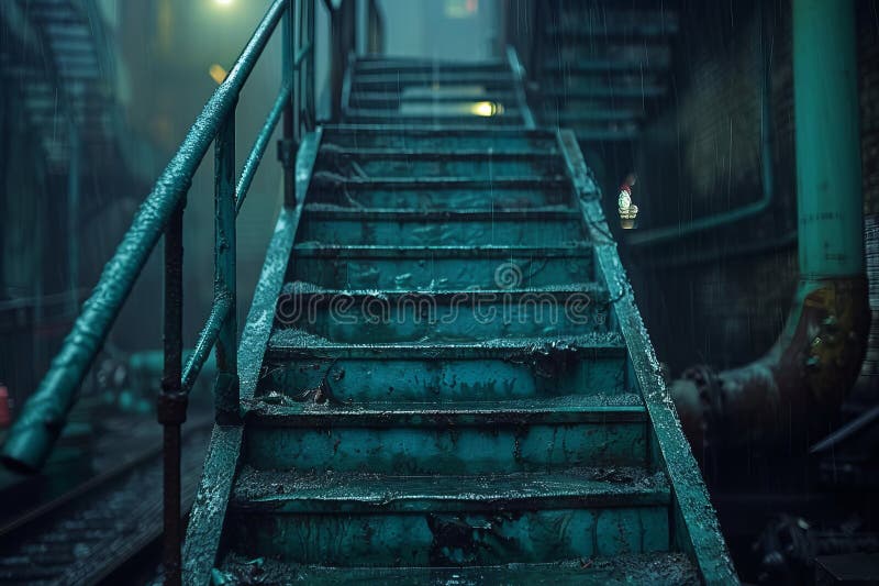 Rain Falling on Industrial Staircase at Night Stock Illustration ...