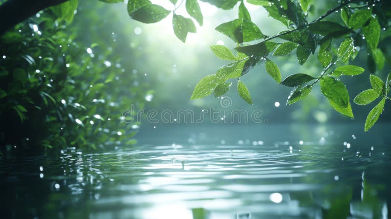 Rain Falling on Leaves Over Tranquil Water Stock Illustration ...