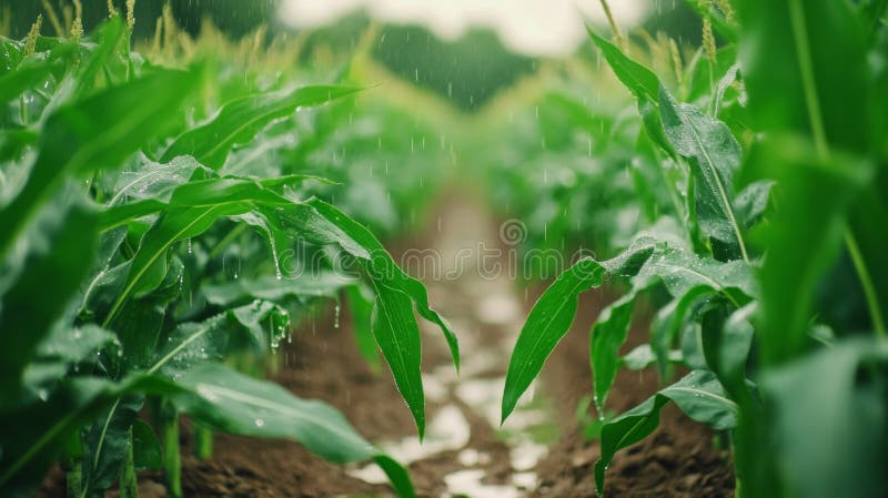 Rain Falling on Lush Green Corn Leaves in a Field Stock Illustration ...