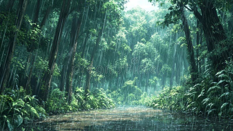 Rain Falling on a Lush Green Forest Path Stock Illustration ...