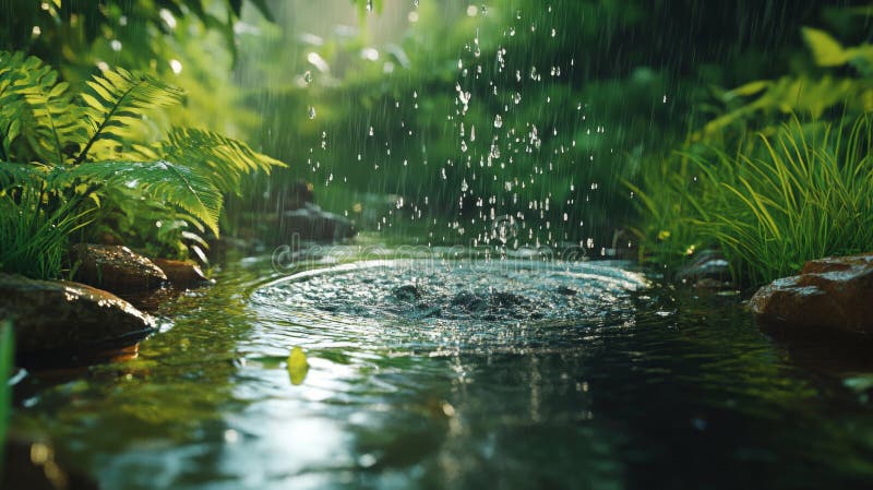 Rain Falling on Lush Green Forest Stream Stock Illustration ...