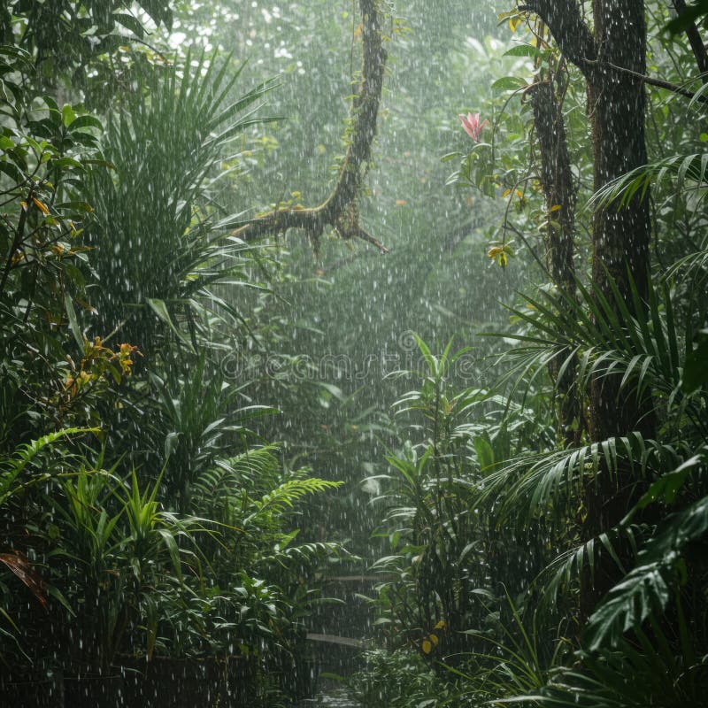 Rain Falling on Lush Rainforest Path Stock Illustration - Illustration ...