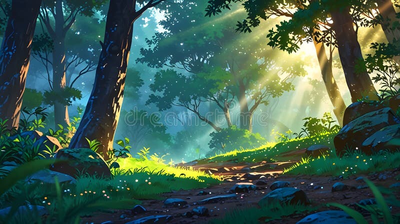 Rain Falling on a Mossy Stone Path in a Dense Forest Stock Illustration ...