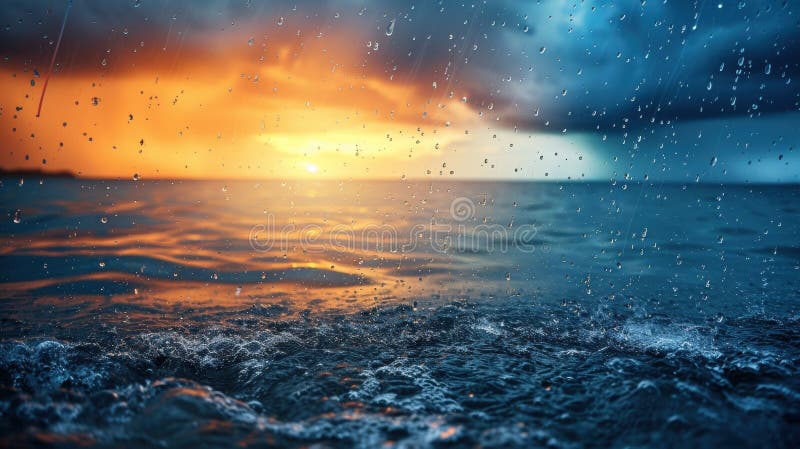 Rain Falling on Ocean Surface during Sunset Creating Stunning Visual ...