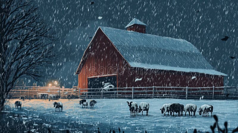 Rain Falling Outside Barn, Animals Huddled Together for Warmth. Stock ...