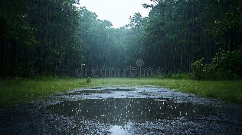Rain Falling Over a Tranquil Forest Clearing, Puddles Reflecting the ...