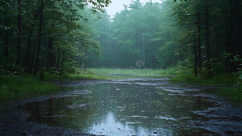 Rain Falling Over a Tranquil Forest Clearing, Puddles Reflecting the ...