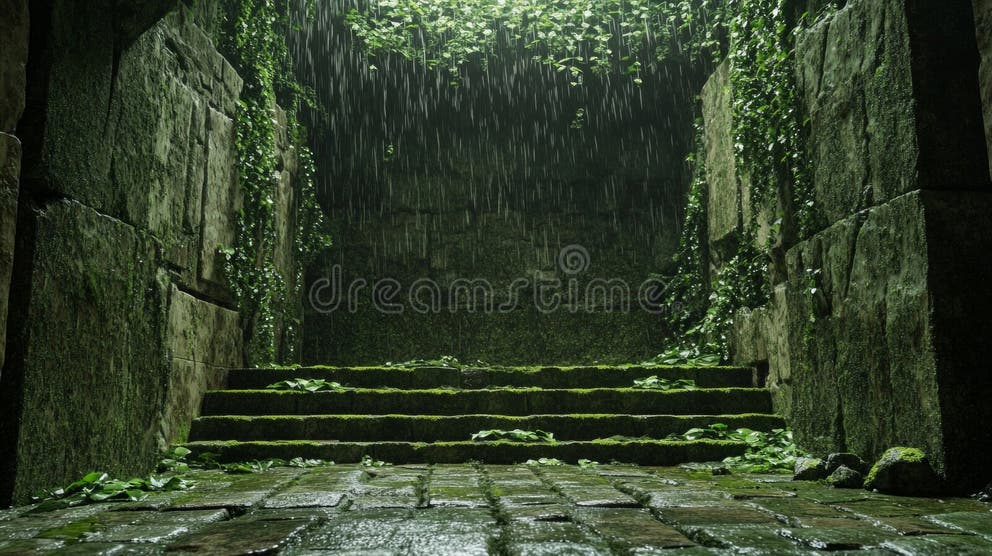 Rain Falling on Overgrown Ancient Stone Ruins Stock Illustration ...