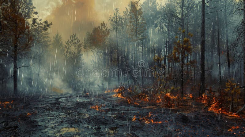 Rain Falling on a Recently Extinguished Forest Fire, Steam Rising from ...