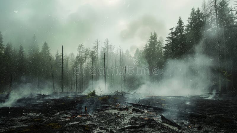 Rain Falling on a Recently Extinguished Forest Fire Steam Rising from ...