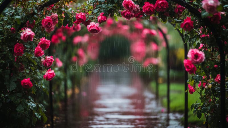 Rain Falling on Roses Underneath an Archway Stock Illustration ...