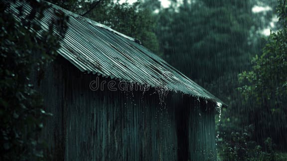 Rain Falling on a Rustic Hut in a Lush Forest Stock Illustration ...