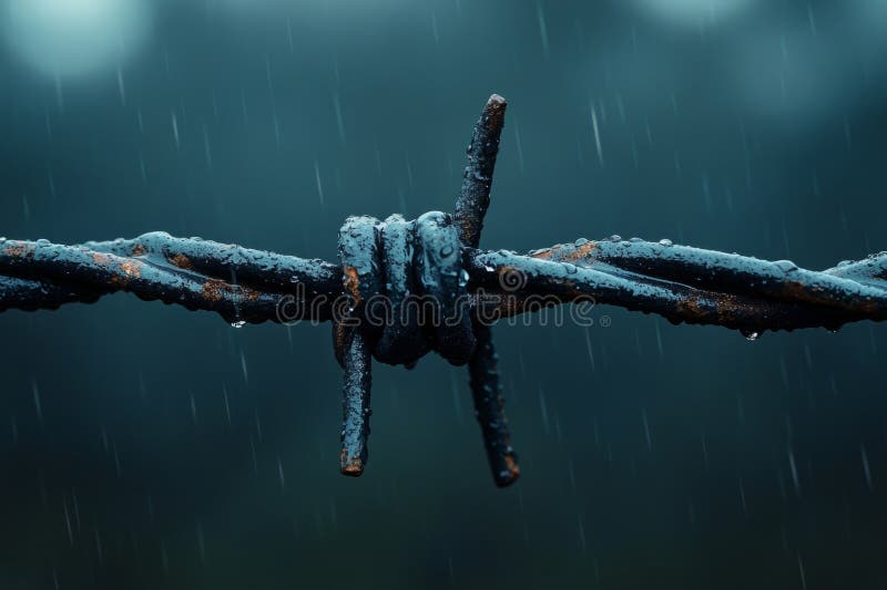 Rain Falling on Rusty Barbed Wire Evokes a Sense of Confinement and ...
