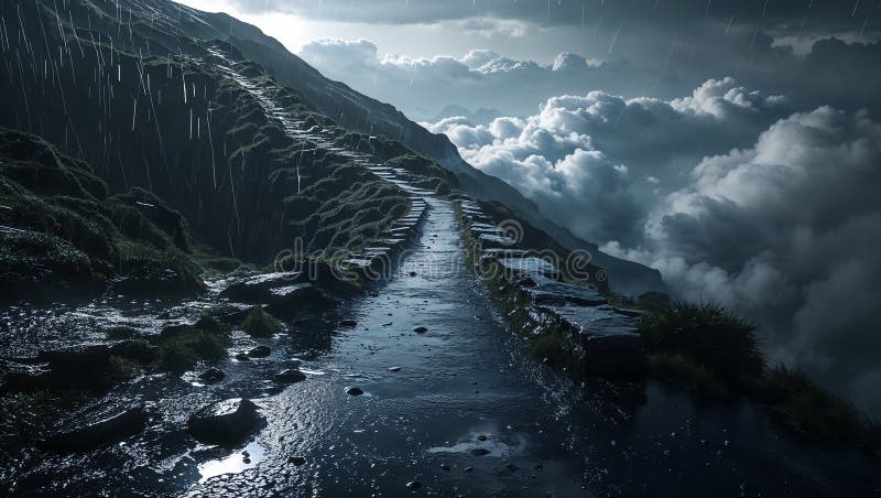 Rain Falling on Stone Path Leading To Moody Clouds Stock Illustration ...