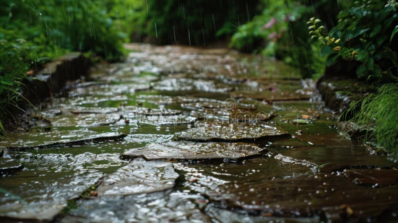 Rain Falling on Stone Pathway in a Lush Green Forest Stock Illustration ...
