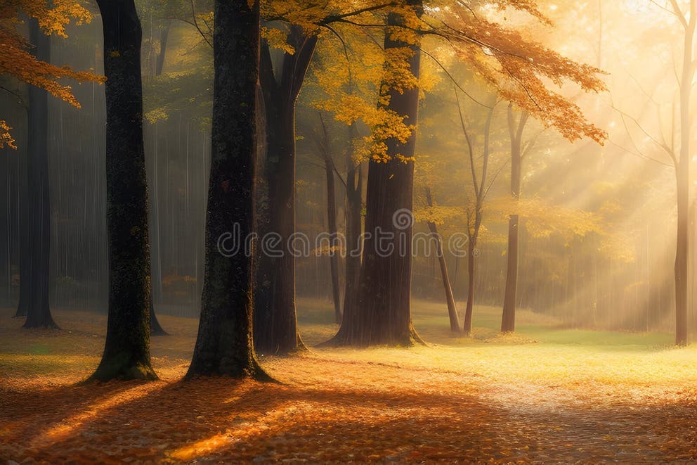 The Rain is Falling To the Forest in Autumn with Rays of Light Stock Illustration - Illustration ...