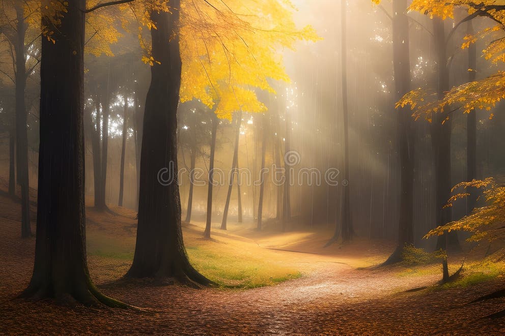 The Rain is Falling To the Forest in Autumn with Rays of Light Stock Illustration - Illustration ...