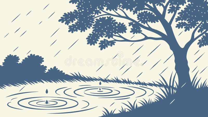 Rain Falling on a Tree and Puddles Vector Scene, Vector Design ...