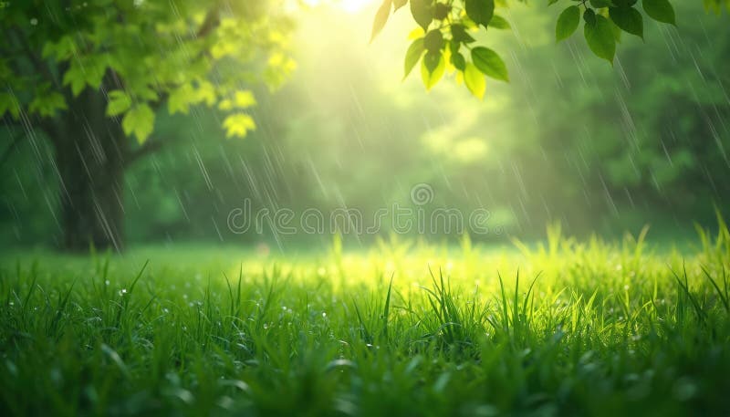 Rain Falling on Vibrant Rich Green Grass and Leaves. Sunlight Breaks ...