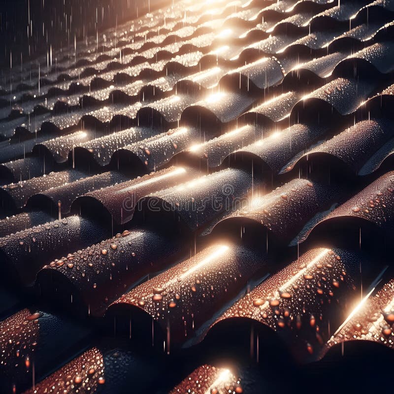 Rain Falling on Wet Roof Tiles at Sunset Stock Illustration ...