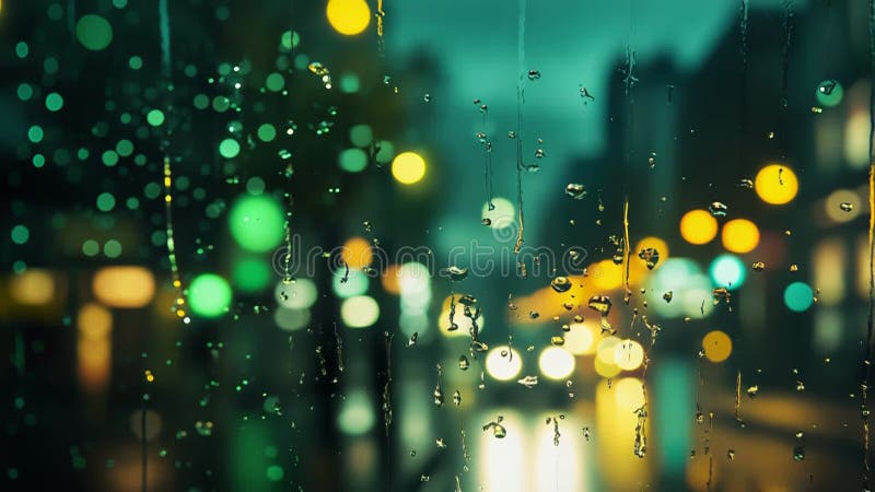 Rain Falling on Window at Night, Blurred City Lights in Background ...