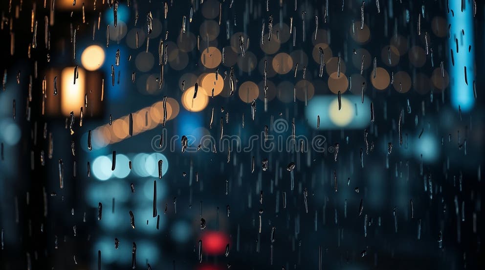 Rain Falling on Window at Night with City Lights Blurred in Background ...