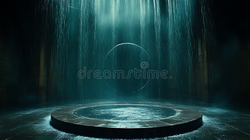 Rain Falls on Circular Platform and Ring in Dark Chamber Stock ...