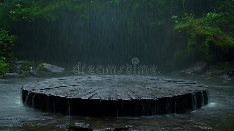 Rain Falls on a Circular Stone Platform in a Lush Forest Stock ...