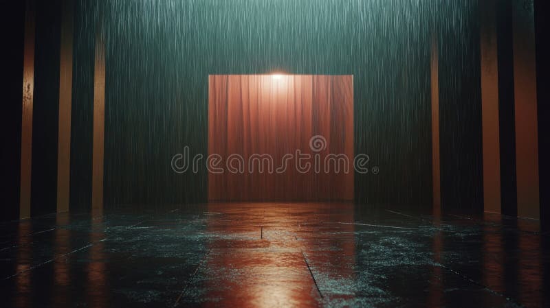 Rain Falls Dramatically on an Empty Stage with Bright Lights in a Dimly ...