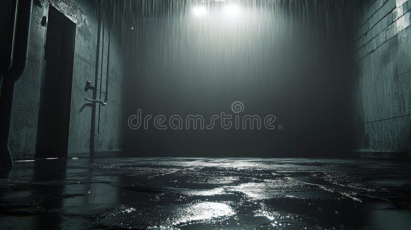 Rain Falls Dramatically on an Empty Stage with Bright Lights in a Dimly ...