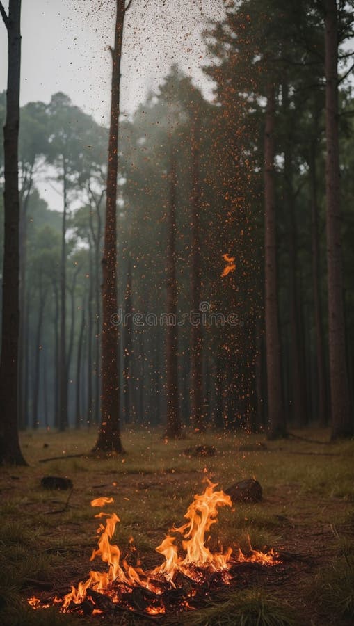Rain of Fiery Embers Falling Over Dense Forest Stock Illustration ...