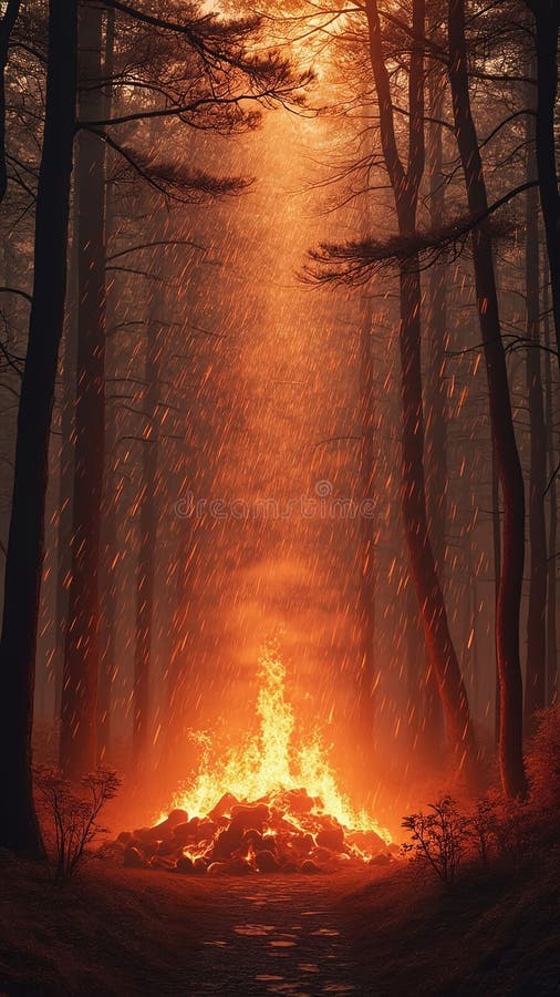 Rain of Fiery Embers Falling Over Dense Forest Stock Illustration ...