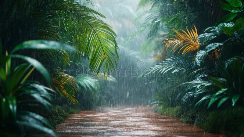 Rain Forest Path Lush Greenery Tropical Downpour Stock Illustration ...