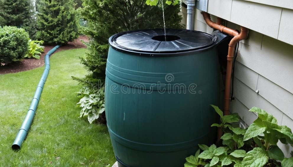 Rain Gutter Pipe Draining into Blue Barrel Stock Illustration ...