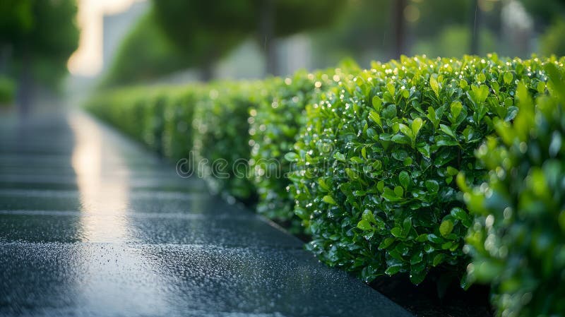 Rain on a Hedge-lined Path in a Garden Stock Image - Image of garden ...