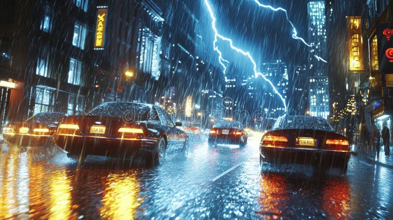 Rain and Lightning are Displayed on a Street in this Illustration ...
