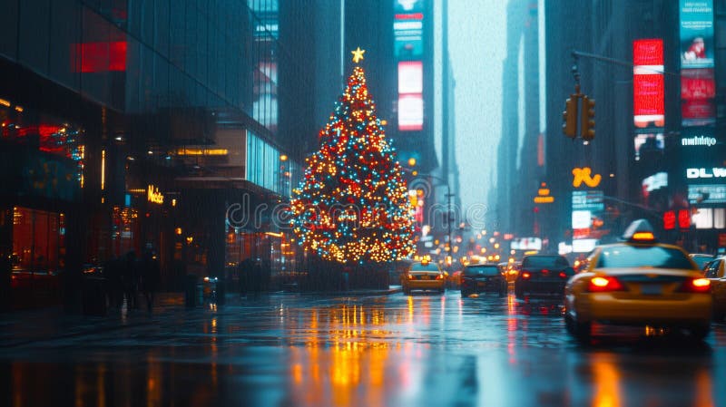 Rain Lit Christmas Tree Cityscape Night Stock Illustration ...