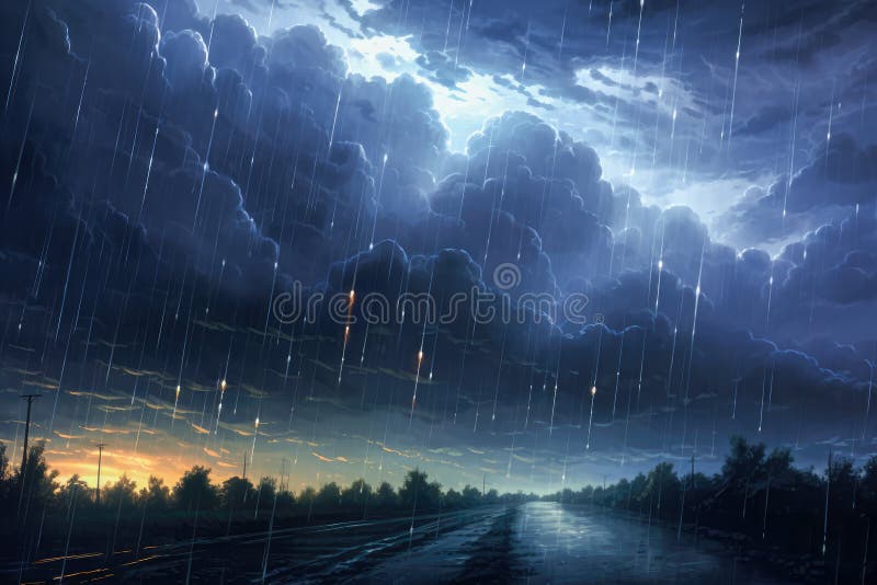 Rain at night in the city stock illustration. Illustration of street ...