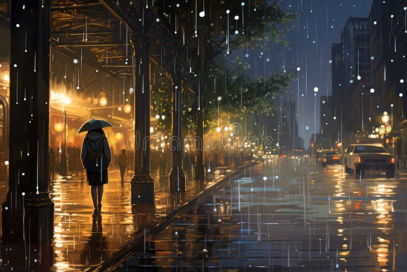 Rain at night in the city stock illustration. Illustration of city ...