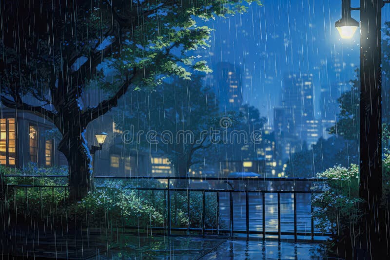 Rain at night in the city stock illustration. Illustration of storm ...