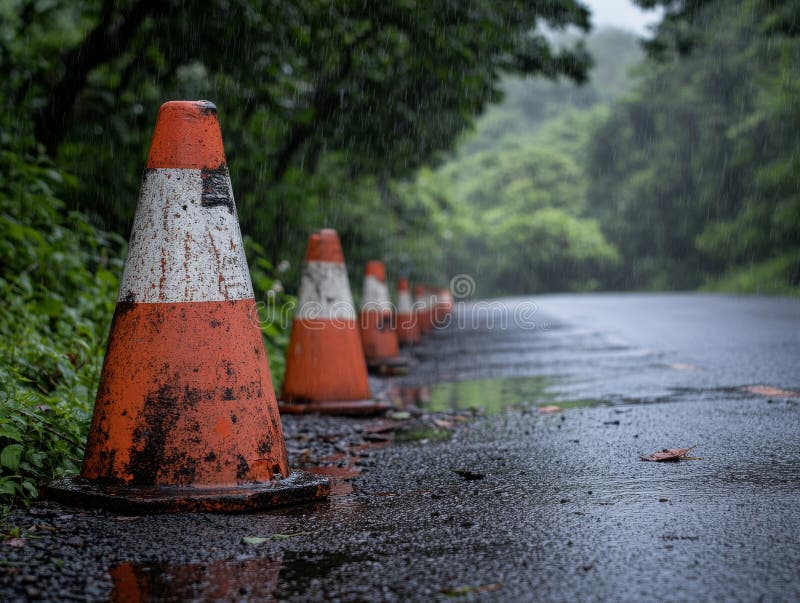 Rain, Orange Cones, and a Caution Line Indicate Wet Road Safety and ...