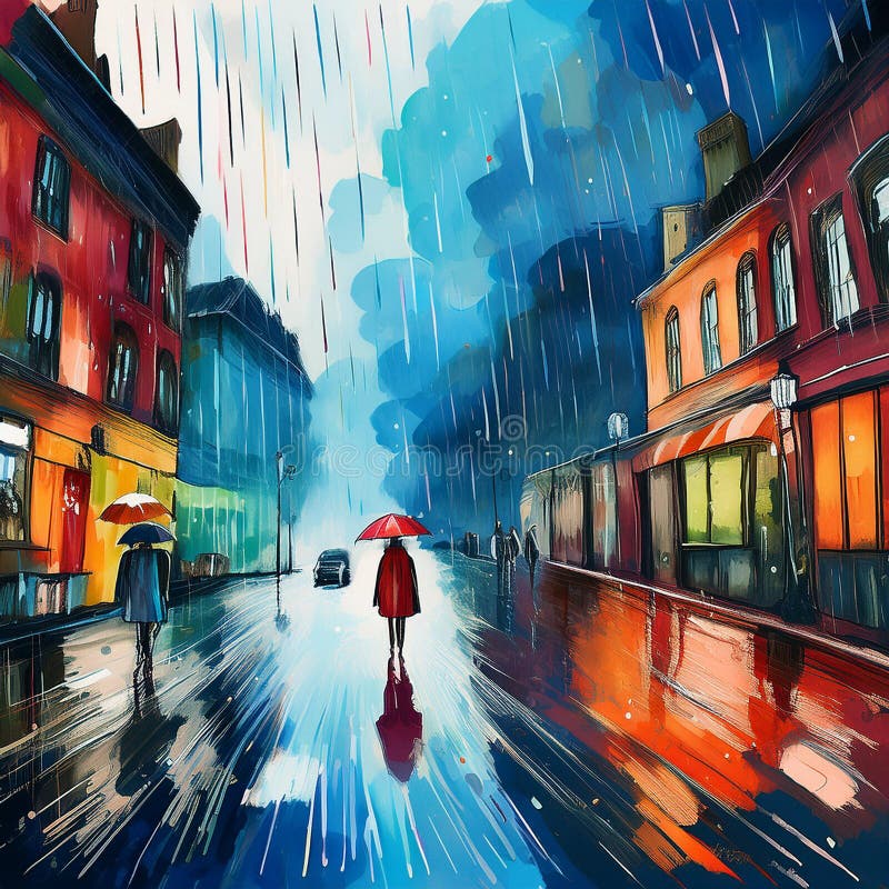 Rain Over the City - Generative Watercolor Illustration Stock ...