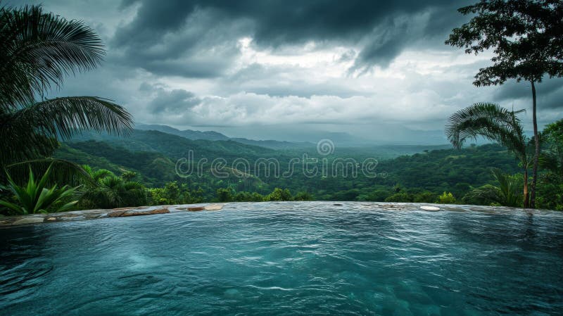 Rain Over Lush Tropical Landscape Viewed from Infinity Pool Stock ...