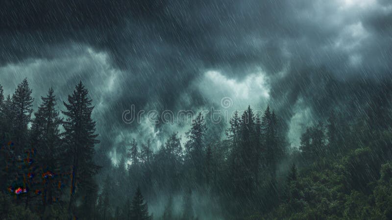 Rain Pouring Down on a Forest with Trees Bending in the Wind Under Dark ...