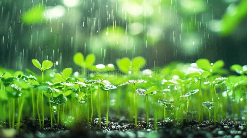 Rain Pouring Over Growing Green Tender Sprouts. Summer Spring Sunlight ...