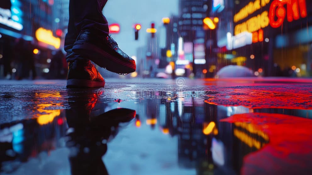Rain Puddle Reflection, Realistic, Cinematic Light, Sharp Focus. Stock ...