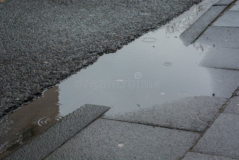 Rain Puddle, Water Drips and Grey Pavement Stock Photo - Image of ...