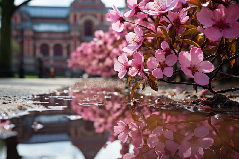Rain Puddles Mirroring Spring Bloom, Spring Session Photos Stock Illustration - Illustration of ...