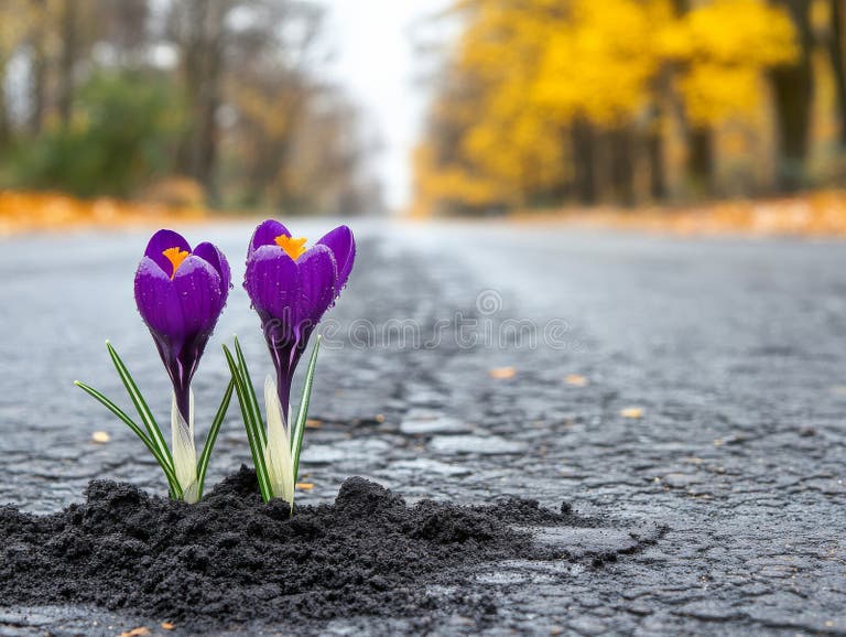 In the Rain, a Purple Flower is Sprouting from the Ground Stock Photo ...